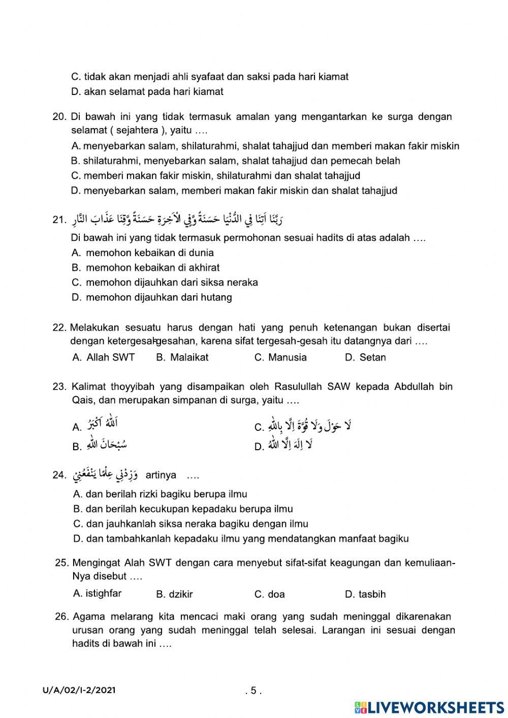 Latihan Ujian Pesantren Hadits worksheet | Live Worksheets