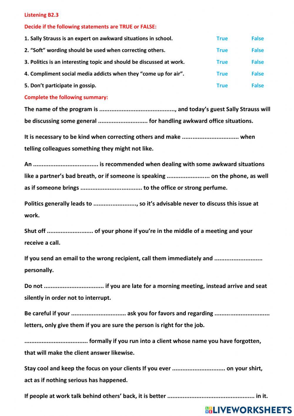 Listening B2.3 Practice 1917309 | mayumeche | Live