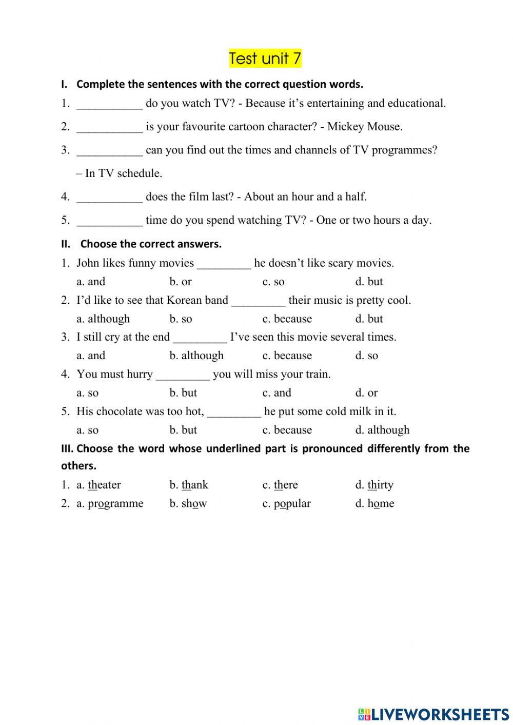 Test unit 7 television worksheet | Live Worksheets
