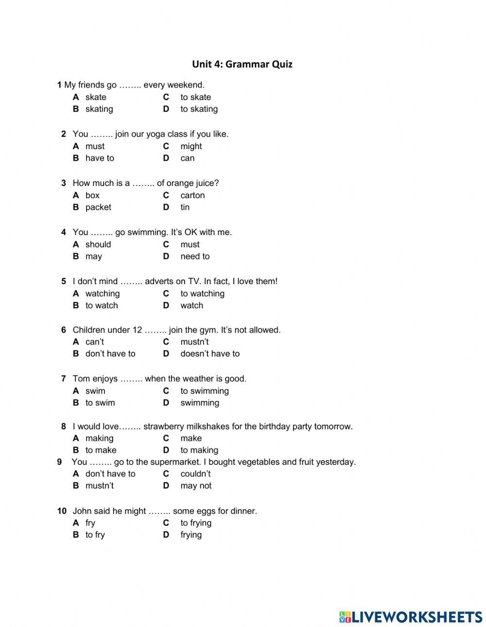 a2- UNIT 4- GRAM worksheet | Live Worksheets