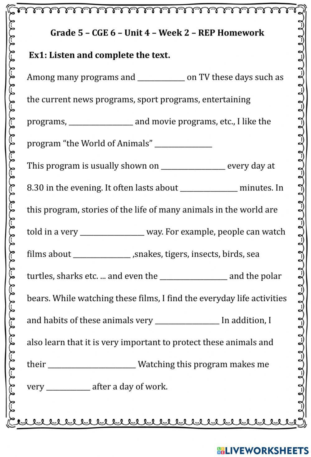 Grade 5 - CGE 6 - Unit 4 - Week 2 - REP homework worksheet | Live ...