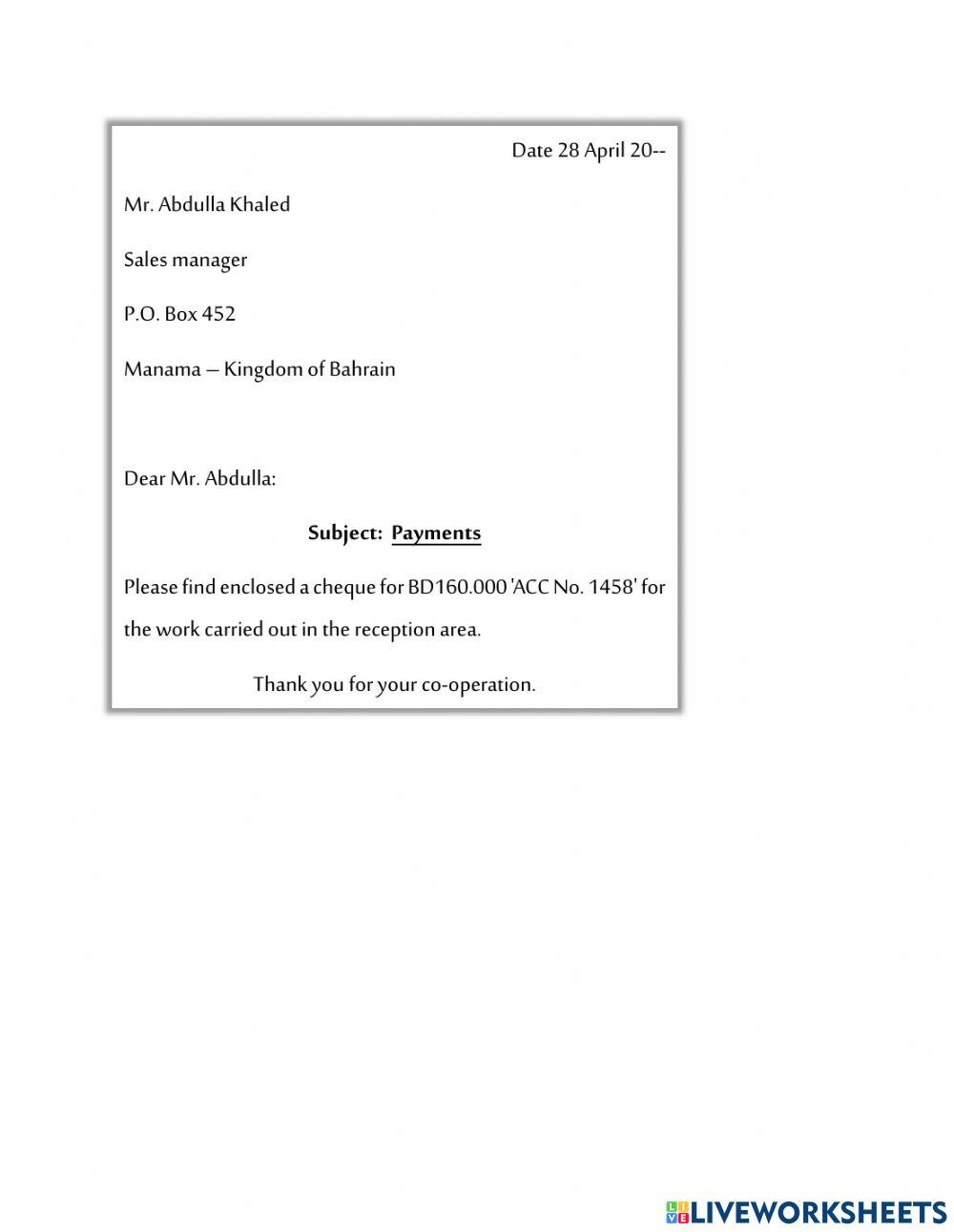 Business letter online worksheet | Live Worksheets