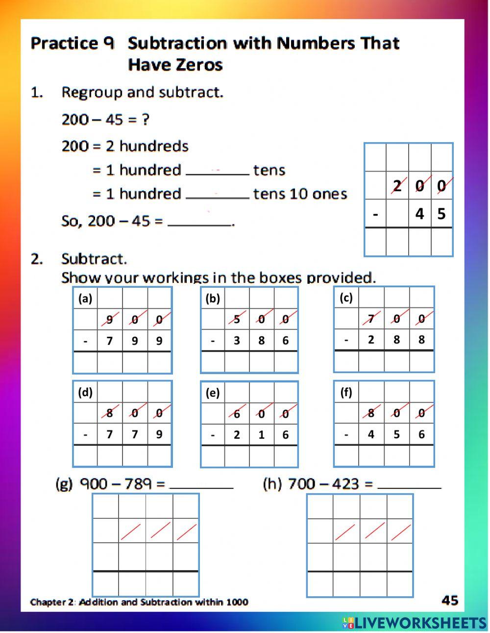 8 WB p45 Subtraction w- Zeros worksheet | Live Worksheets