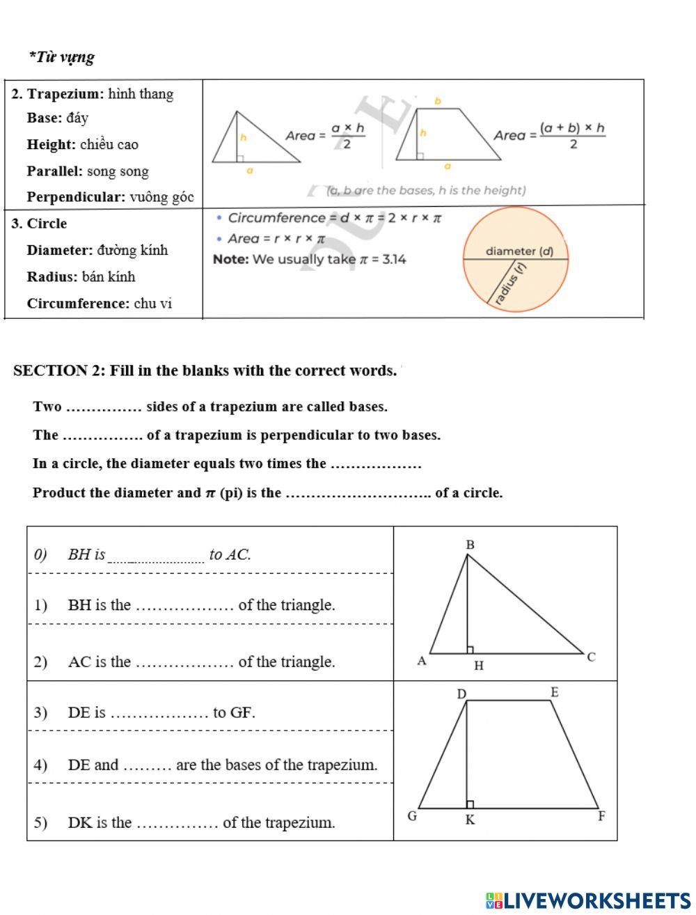 G5 triangle, trapezium, circle worksheet | Live Worksheets