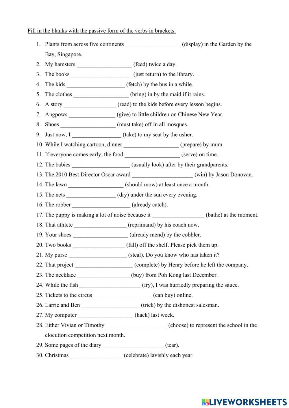 Passive Voice FIB worksheet | Live Worksheets