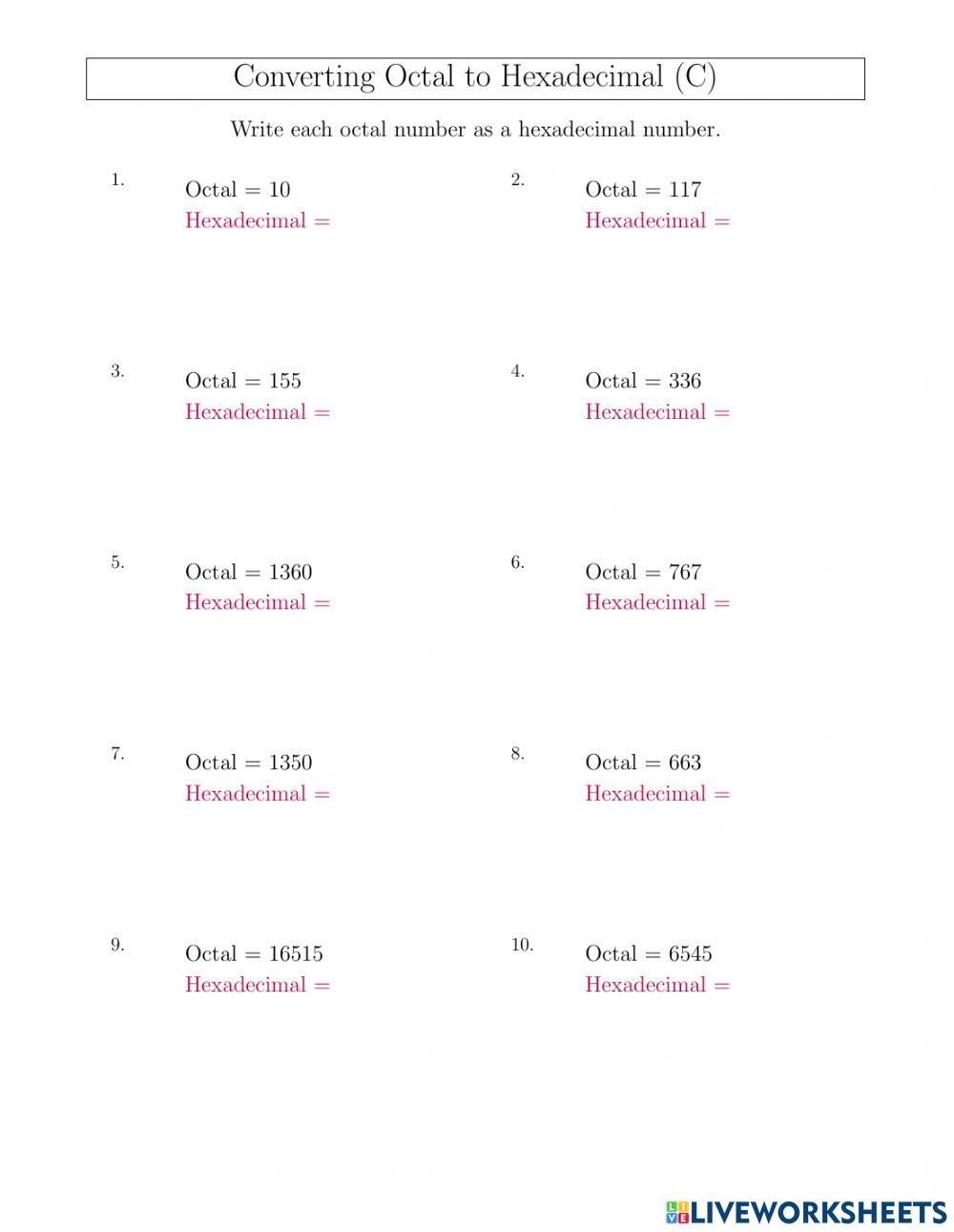 OCT TO HEX 3 LEADS online exercise for | Live Worksheets