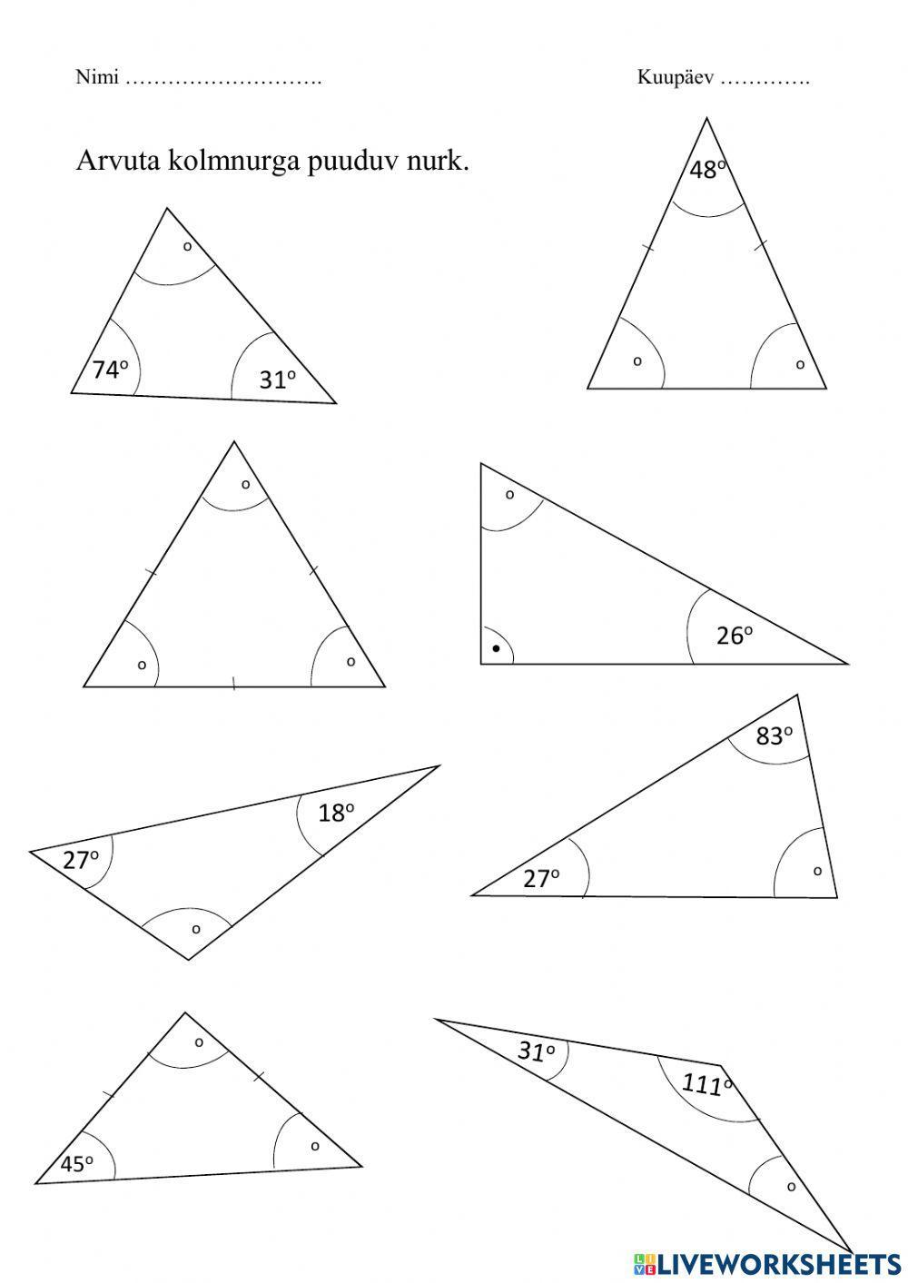 Kolmnurga nurgad | Free Interactive Worksheets | 1919689