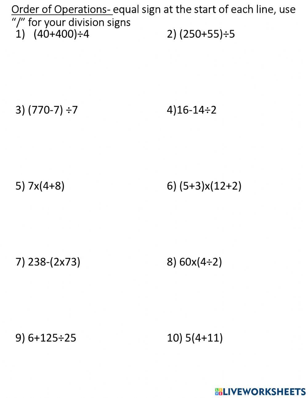 Oder of Operations Practice 1920477 | pyoung | Live