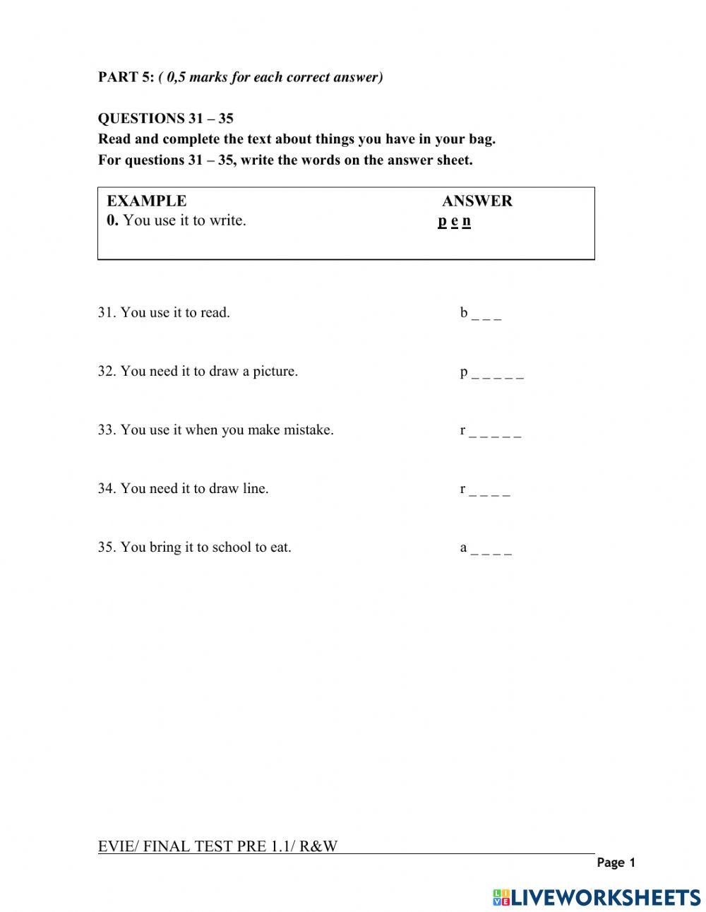 Final test pre 1 exercise | Live Worksheets