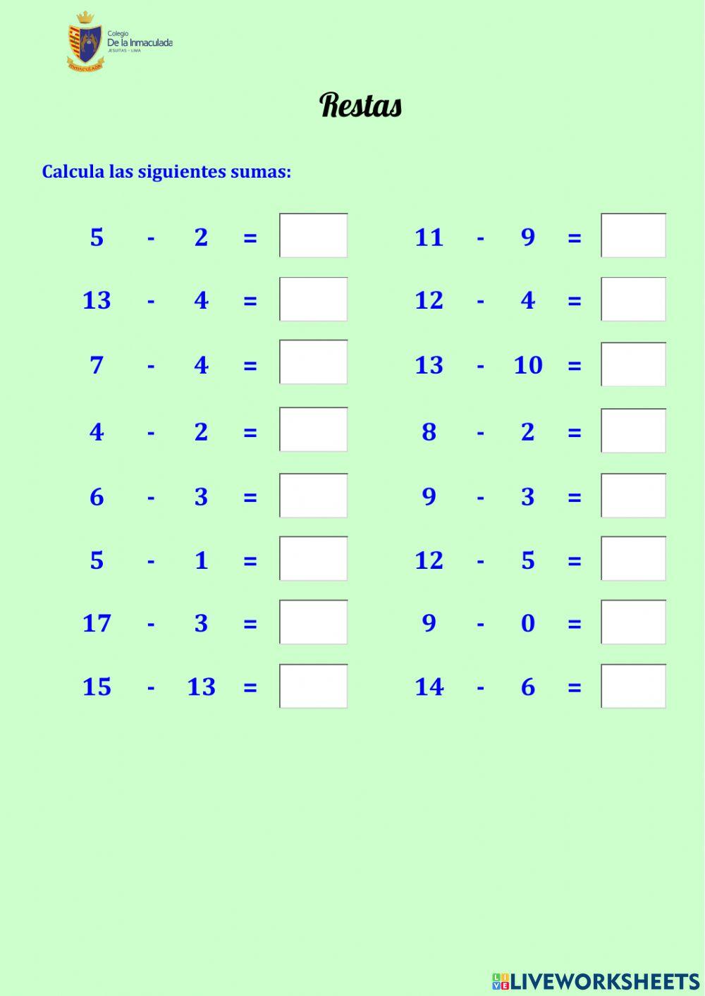 Restas | mvillaran | Live Worksheets
