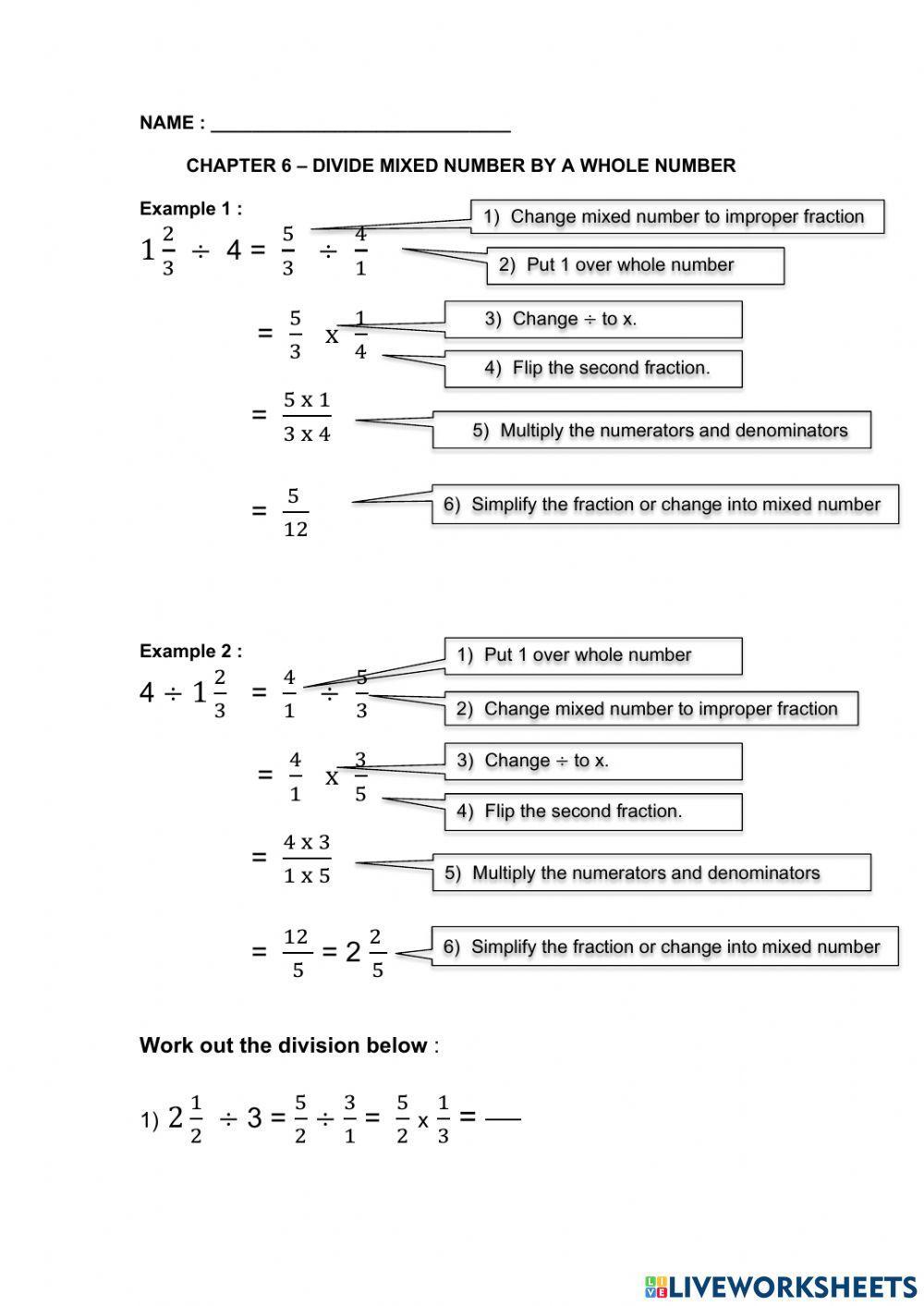 Division of Fraction exercise | Live Worksheets