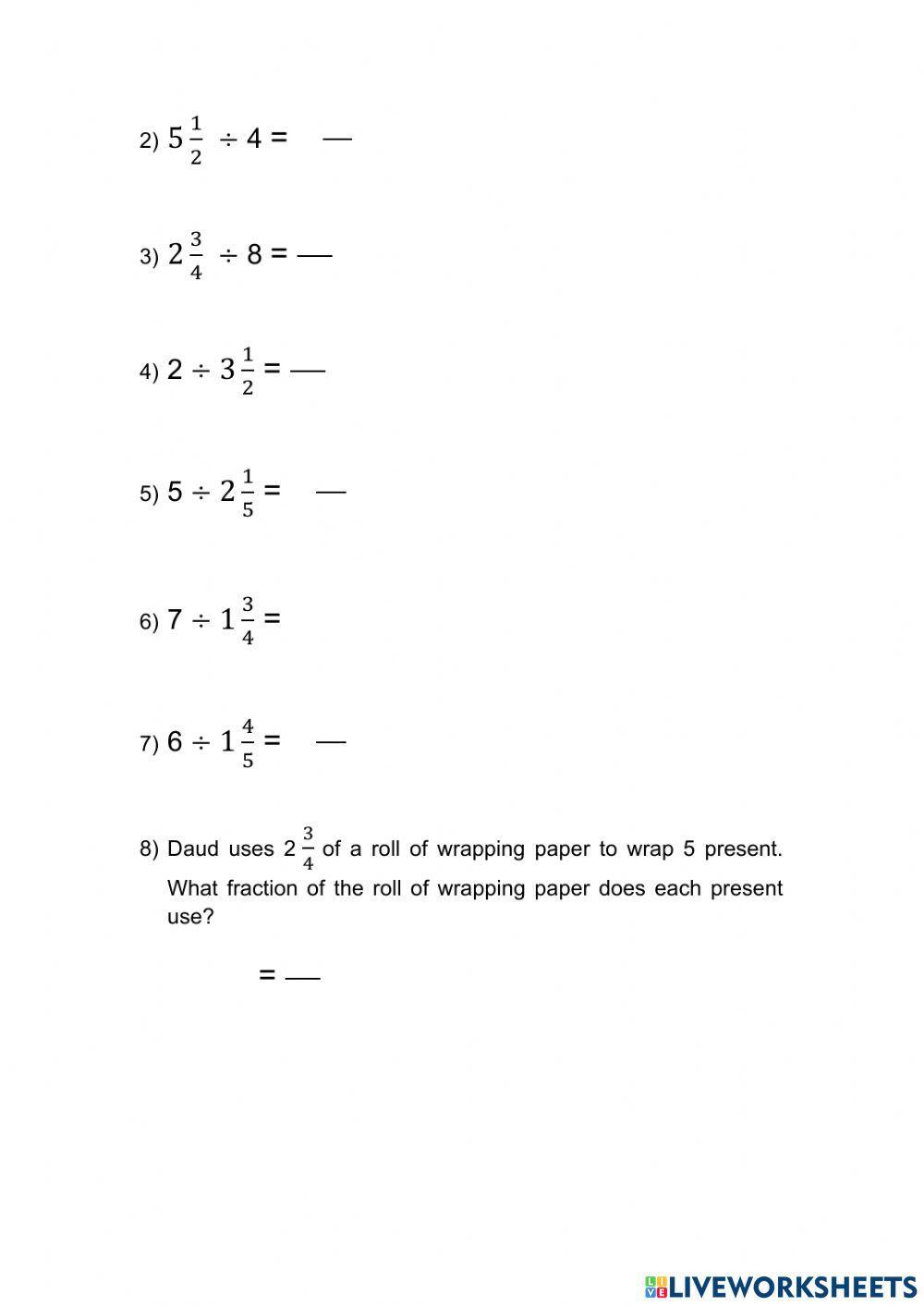 Division of Fraction exercise | Live Worksheets