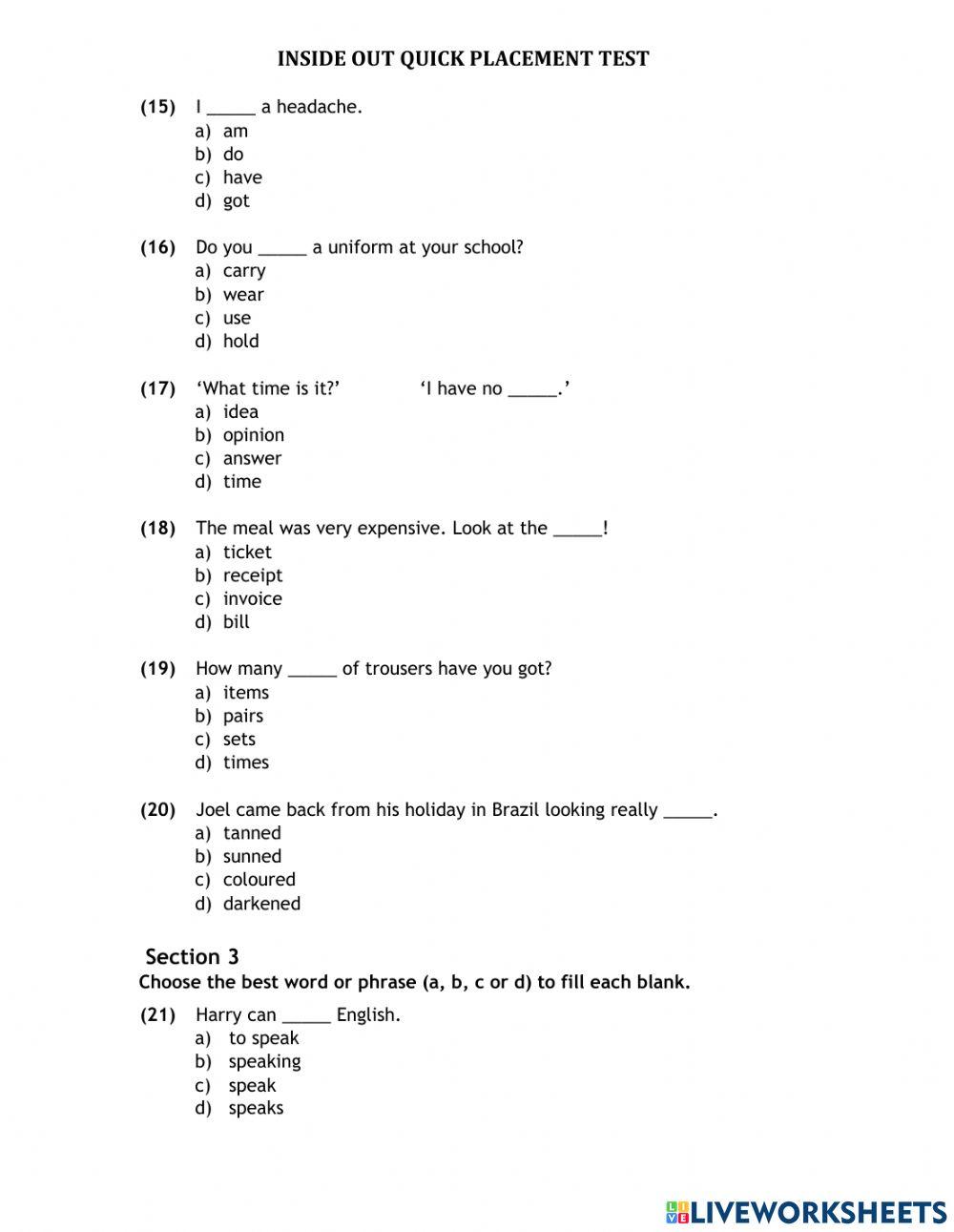 ENGLISH PLACEMENT TEST online exercise for | Live Worksheets