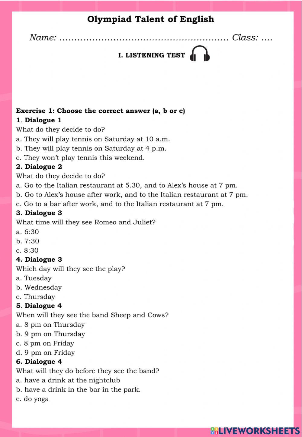 Olympiad Talent of English - Test 1 online exercise for | Live Worksheets