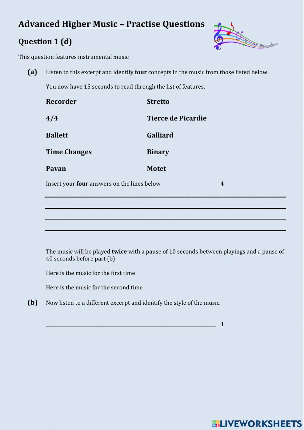 AH Music - Practise Question 1d worksheet | Live Worksheets