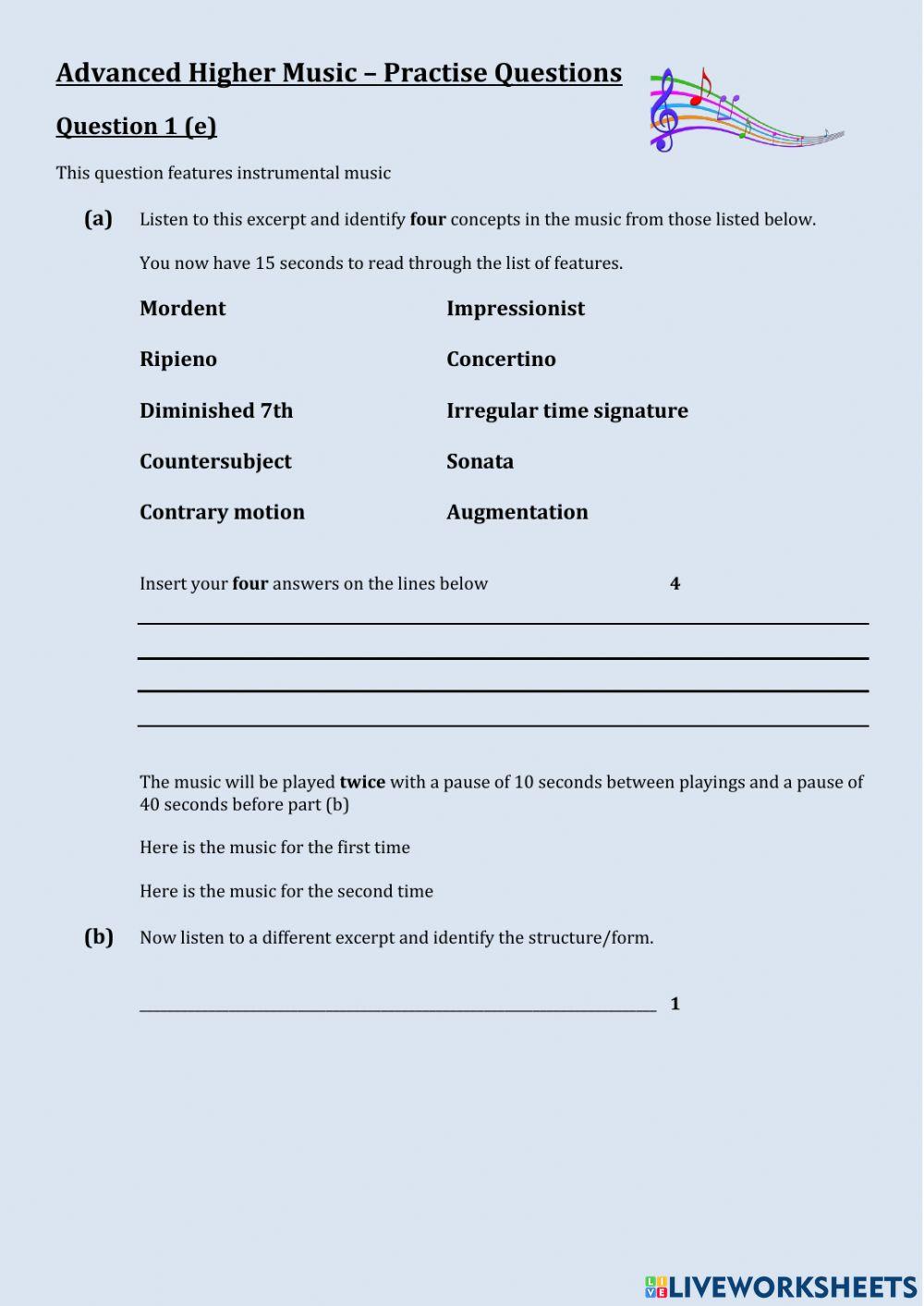 AH Music Practise Question 1e worksheet | Live Worksheets