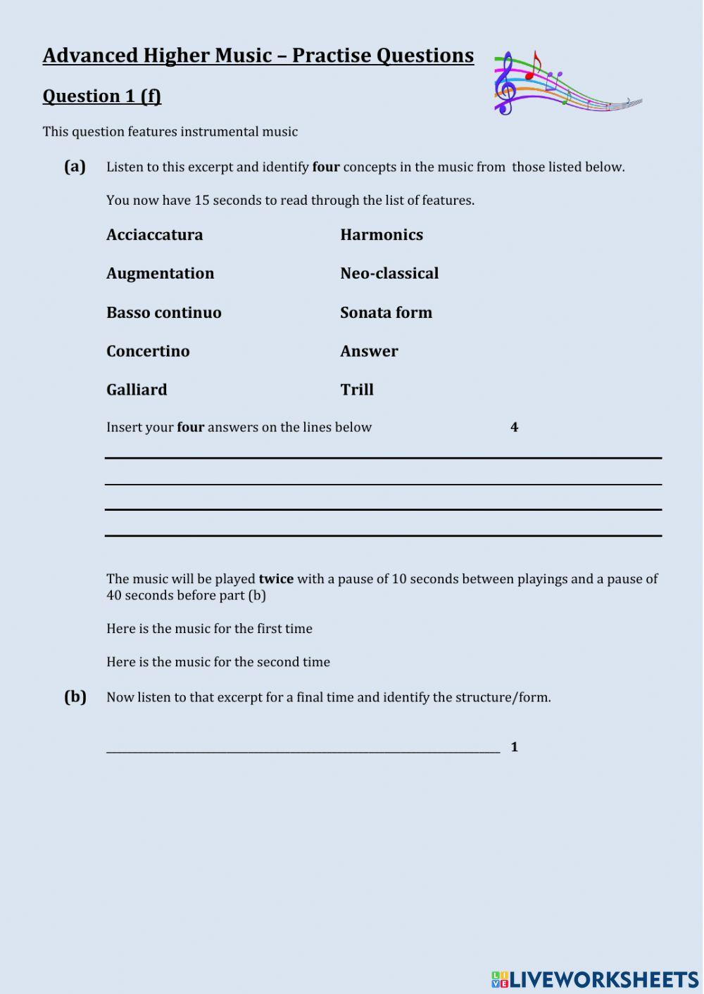 AH Music - Practise Question 1f worksheet | Live Worksheets