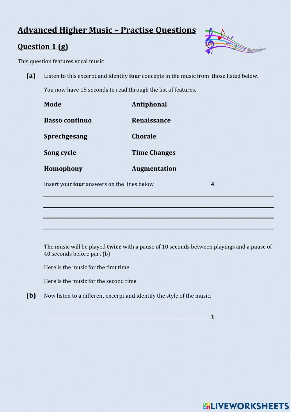AH Music - Practise Question 1g worksheet | Live Worksheets