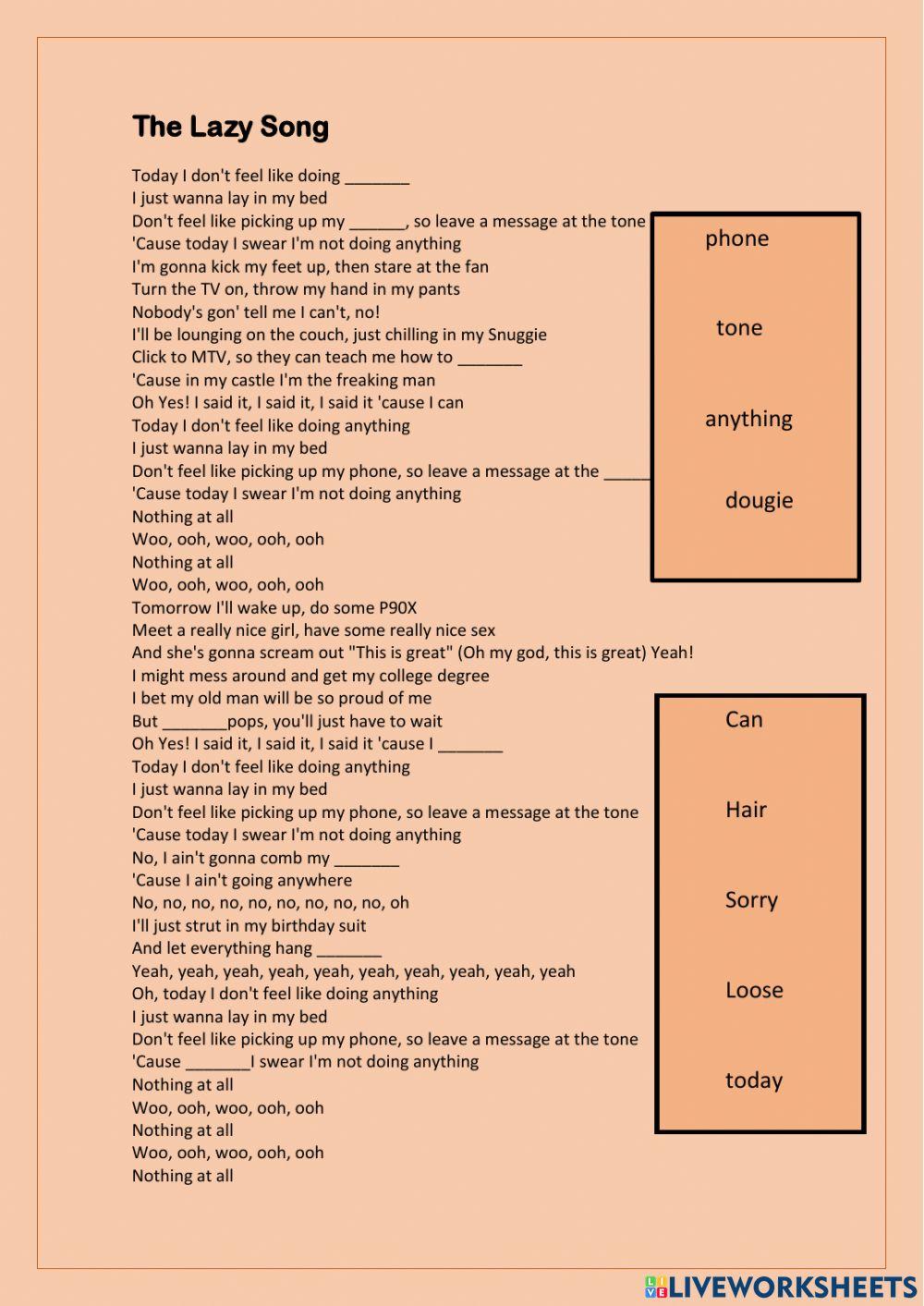 The lazy song exercise | Live Worksheets