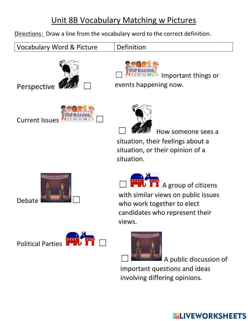 Unit 8B Perspective Vocabulary Matching with Pictures worksheet | Live ...
