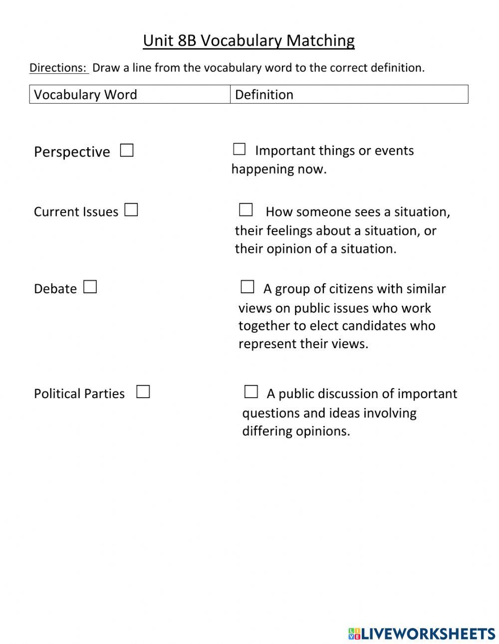 Unit 8B Perspective Vocabulary Matching worksheet | Live Worksheets