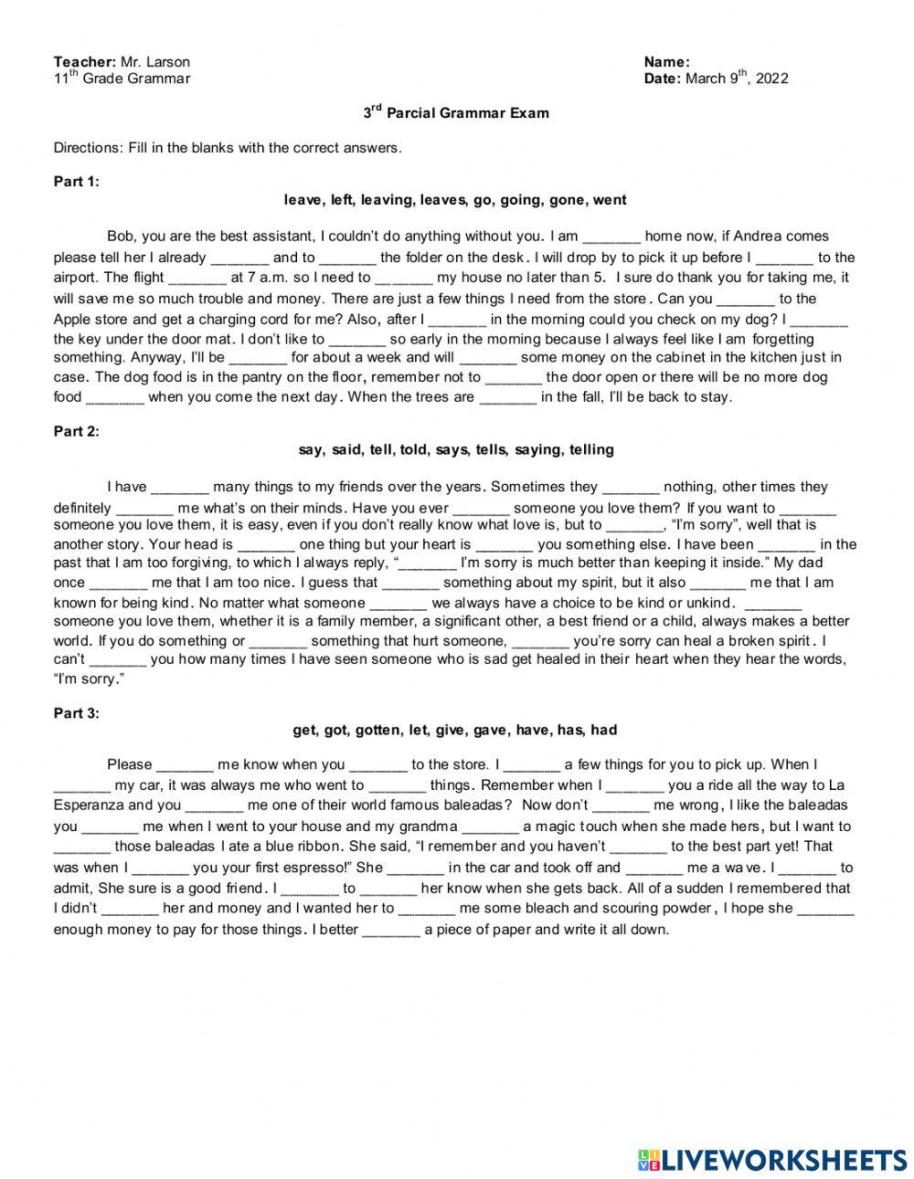 Grammar word practice worksheet | Live Worksheets