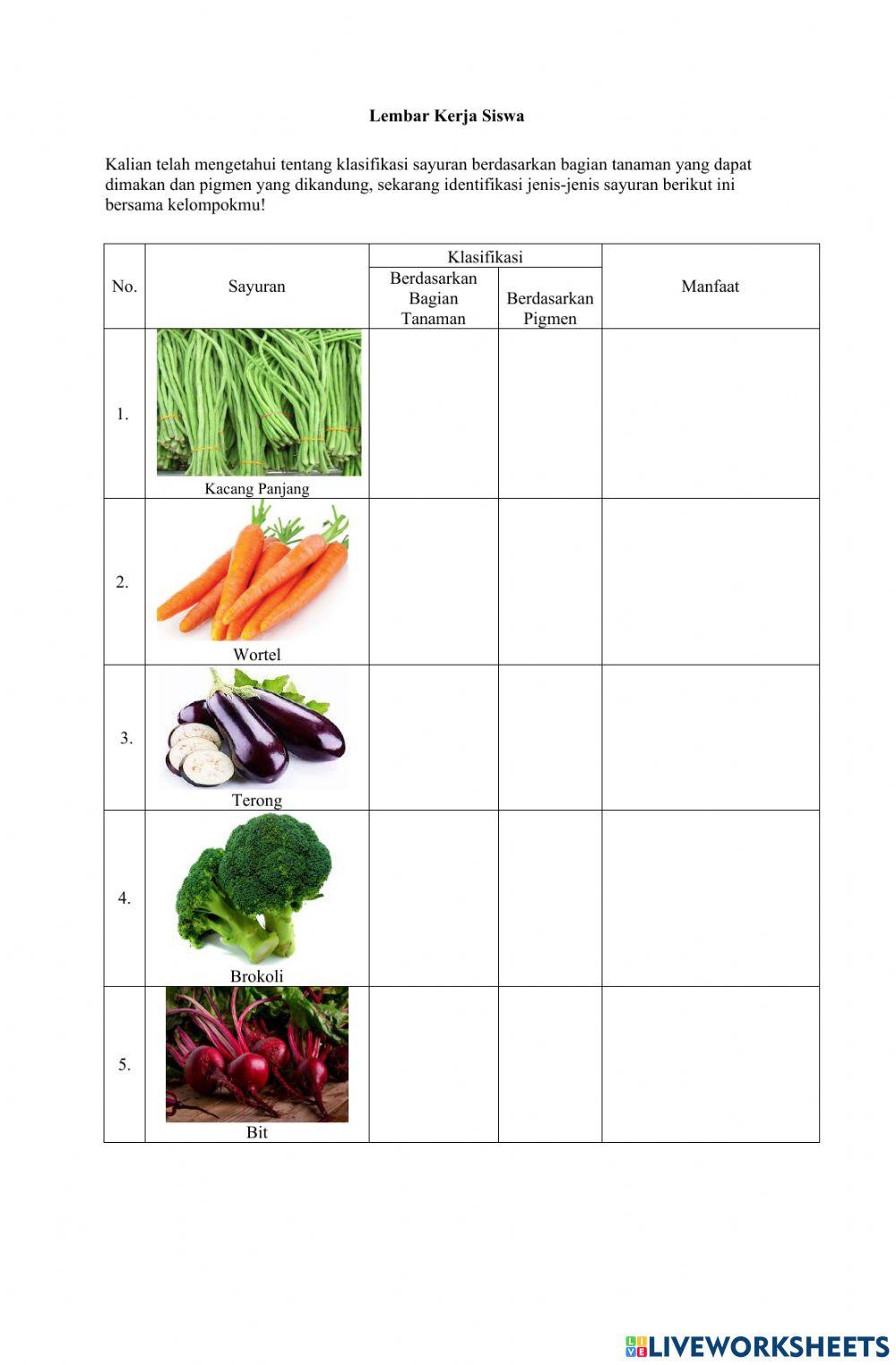 Klasifikasi Sayuran worksheet | Live Worksheets