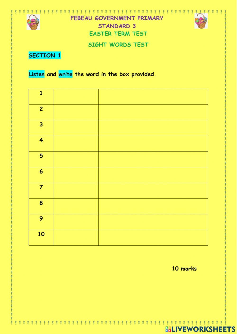 Sight Words Easter Term Test online exercise for | Live Worksheets