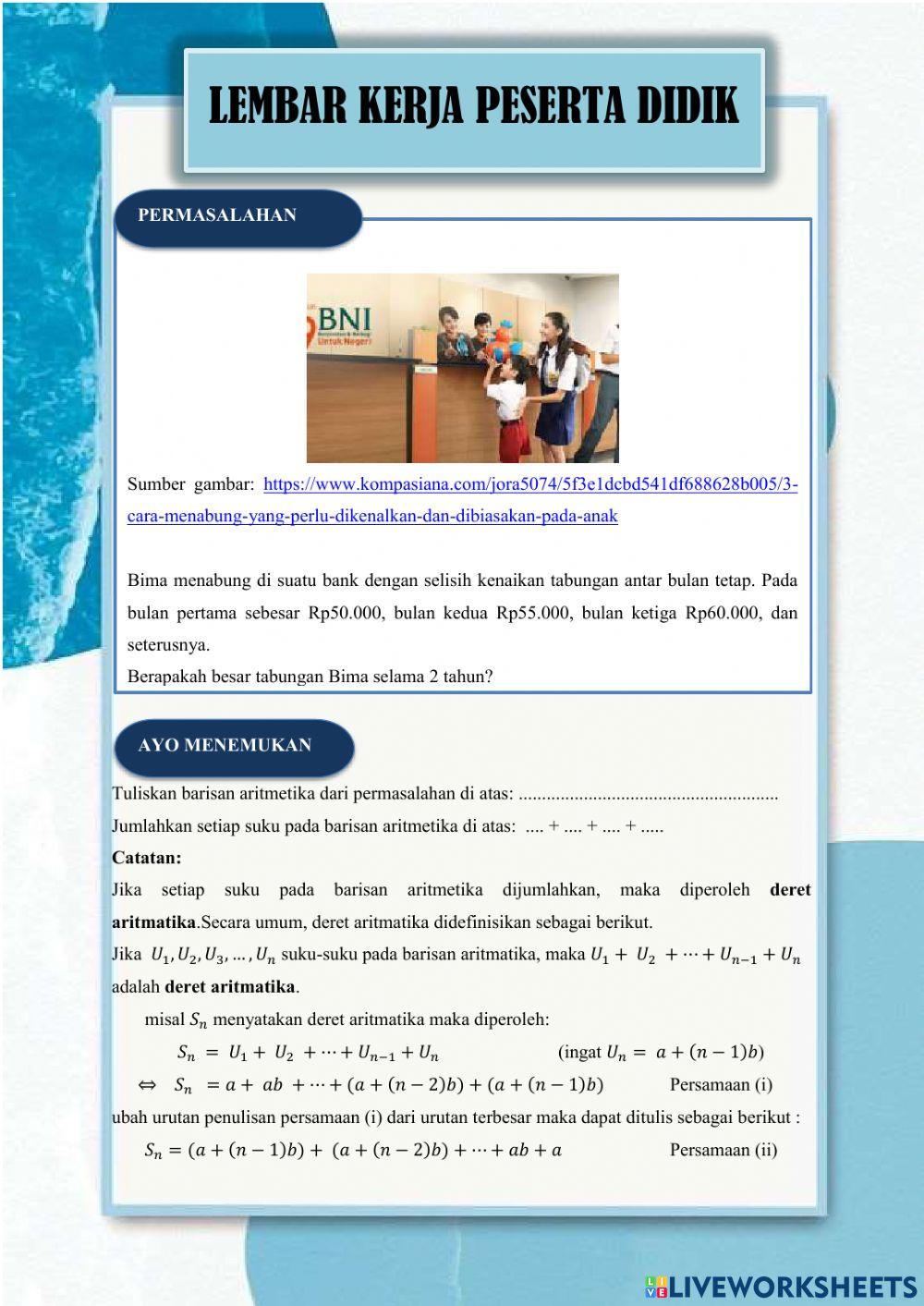 Deret aritmetika worksheet | Live Worksheets