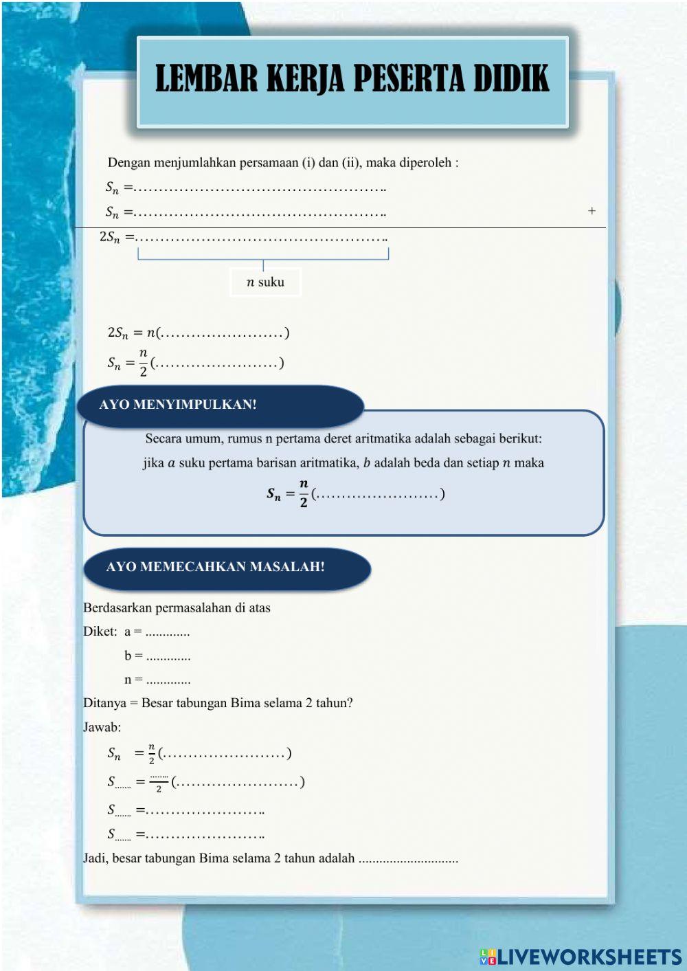Deret aritmetika worksheet | Live Worksheets