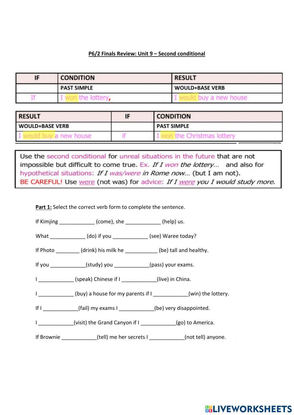 Second conditional online exercise for 6 | Live Worksheets