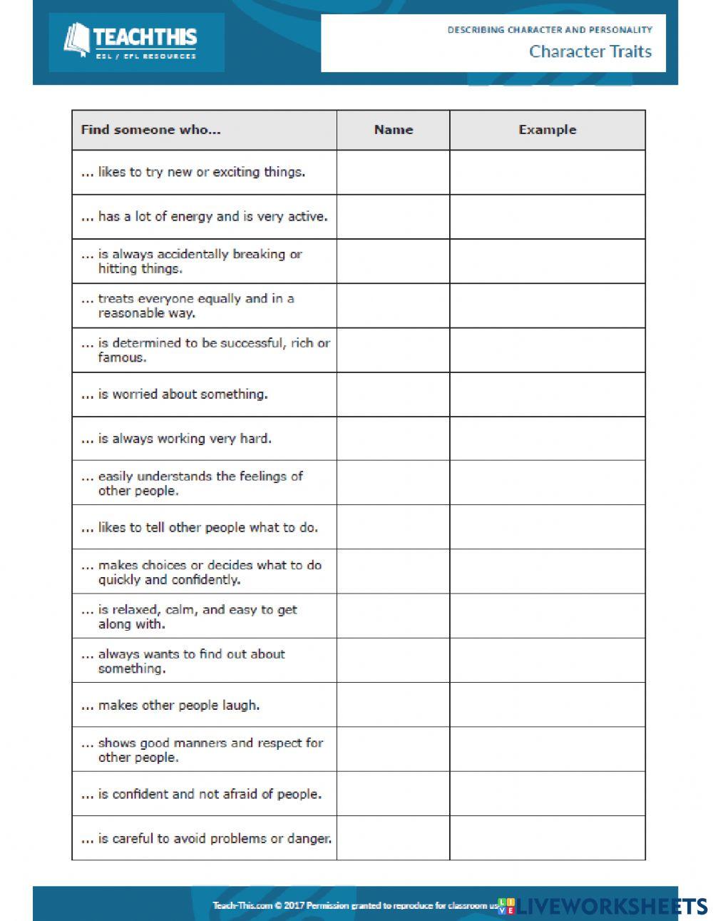 Character traits online exercise for | Live Worksheets