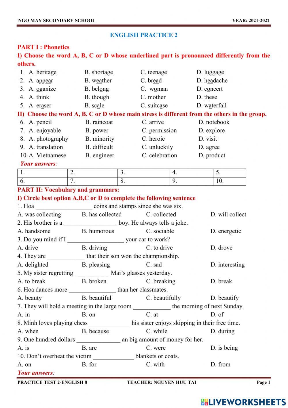 English practice 2-english 8 worksheet | Live Worksheets