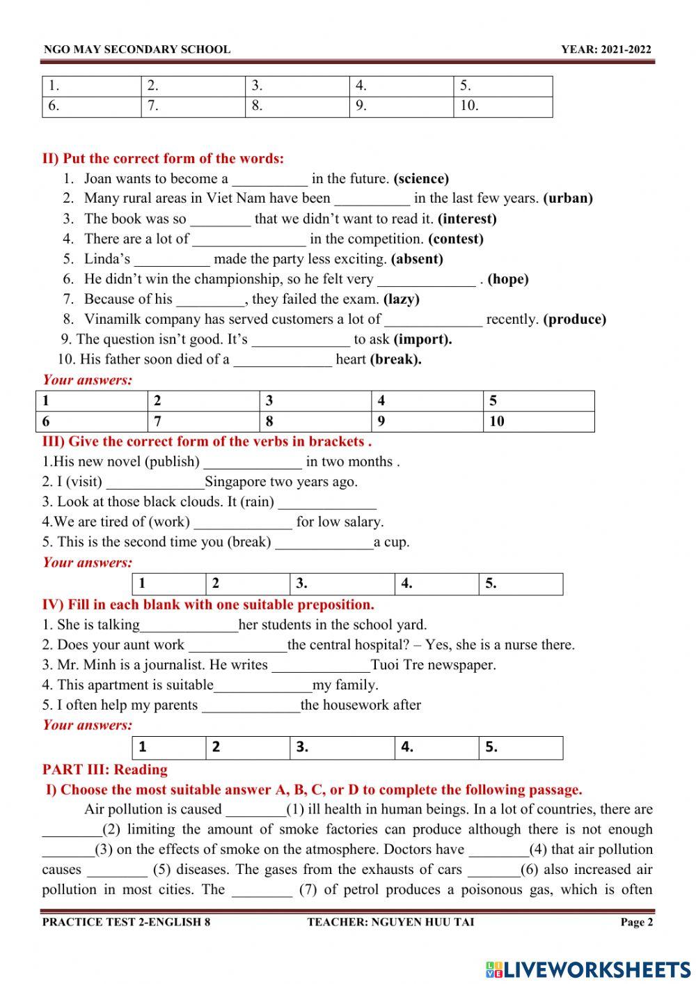 English practice 2-english 8 worksheet | Live Worksheets