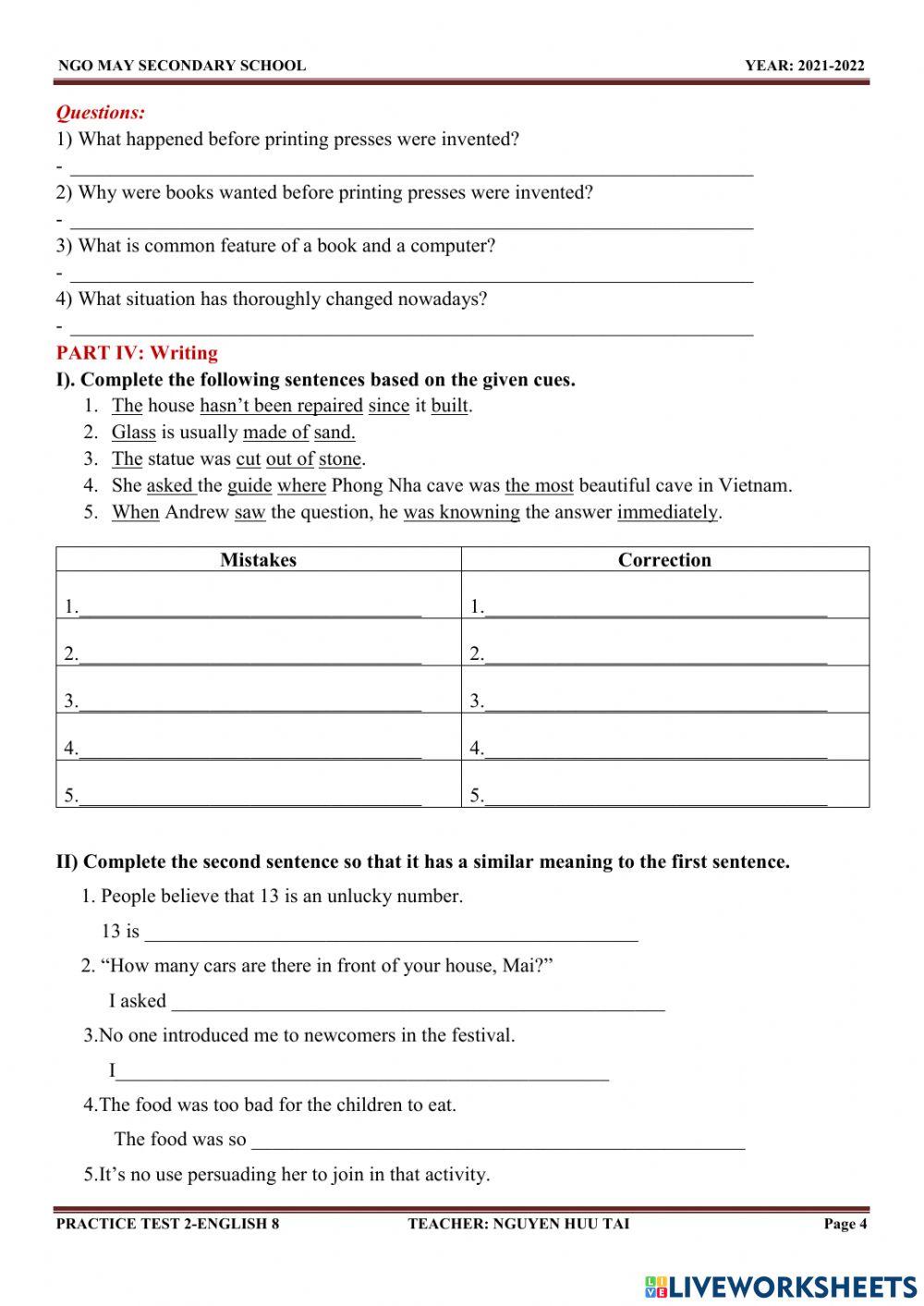 English practice 2-english 8 worksheet | Live Worksheets