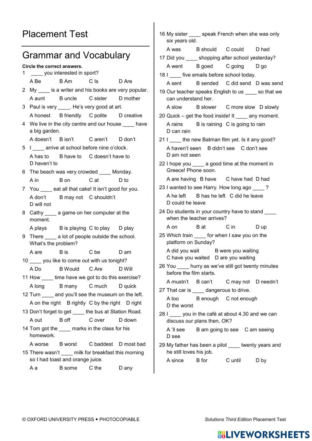 Placement test 11th graders worksheet | Live Worksheets