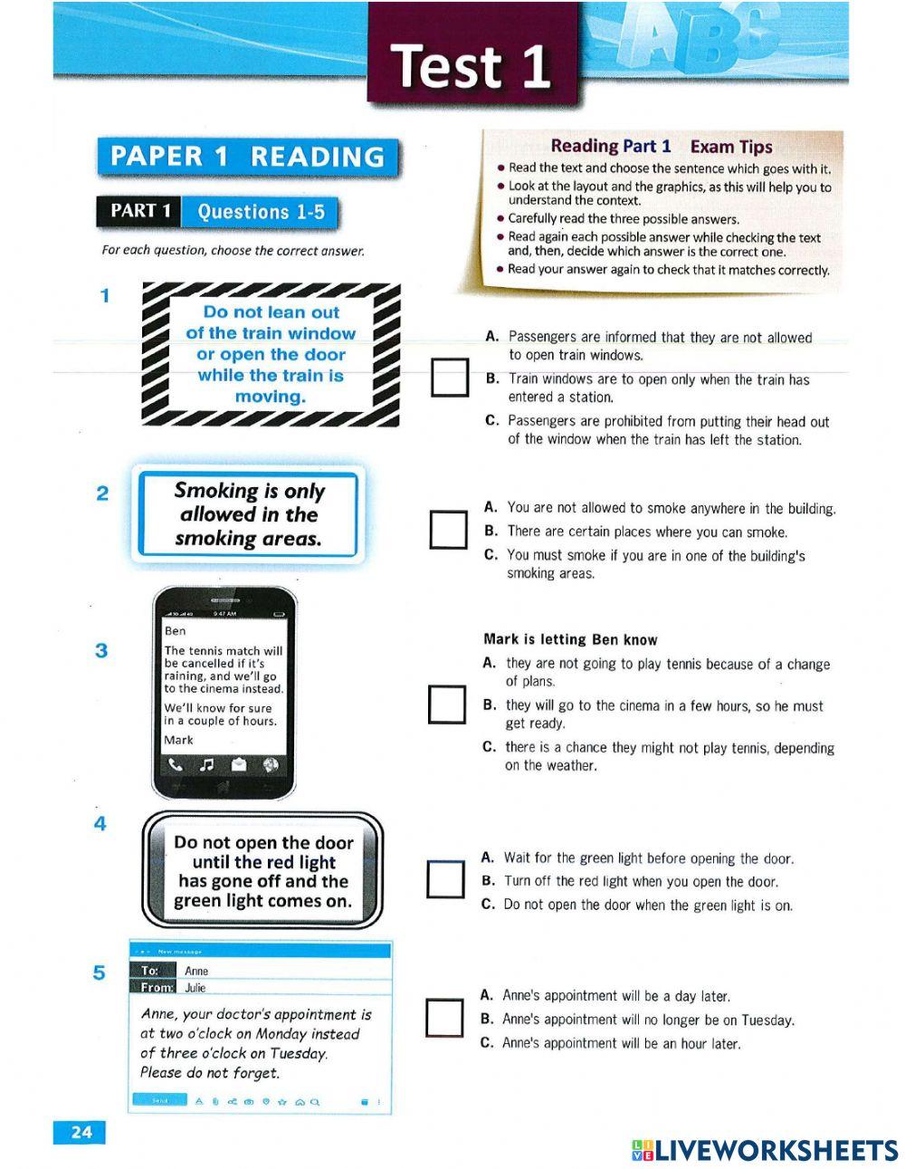 Test 5 - Reading worksheet | Live Worksheets