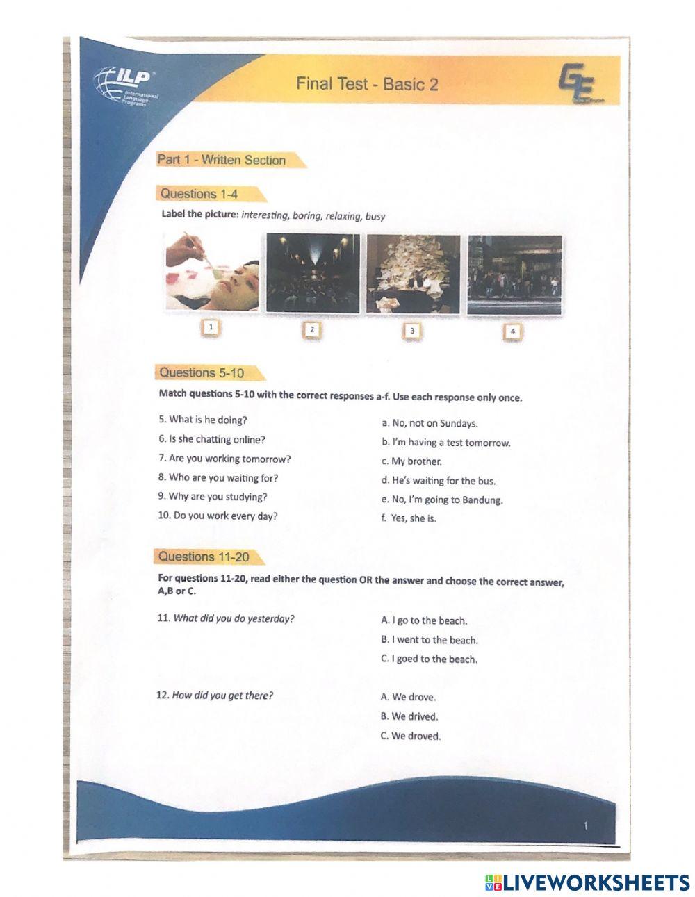 BASIC 2 READING WRITING online exercise for | Live Worksheets