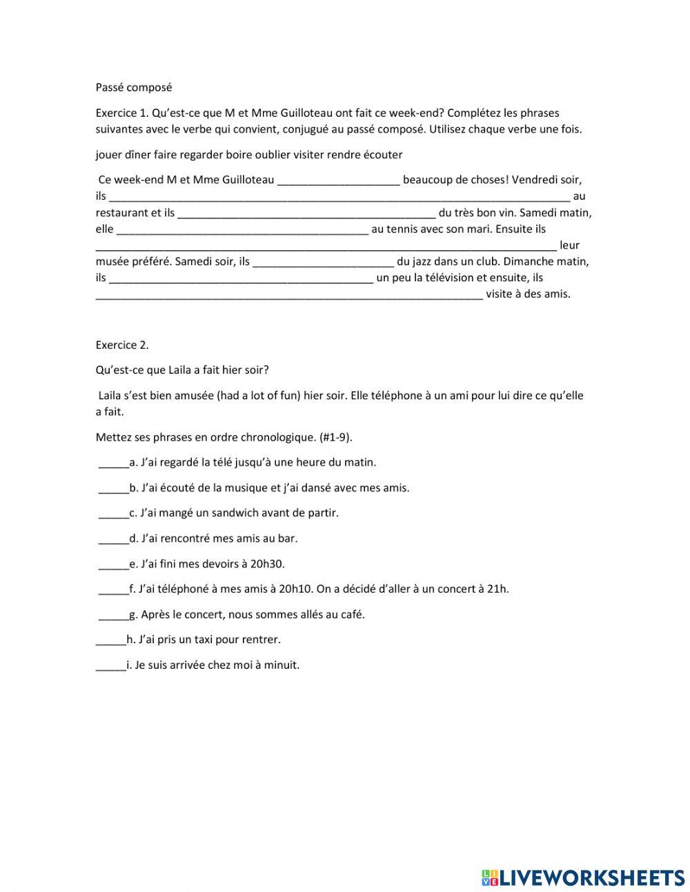 Passé Composé Interactive Exercise For Lycée Live Worksheets