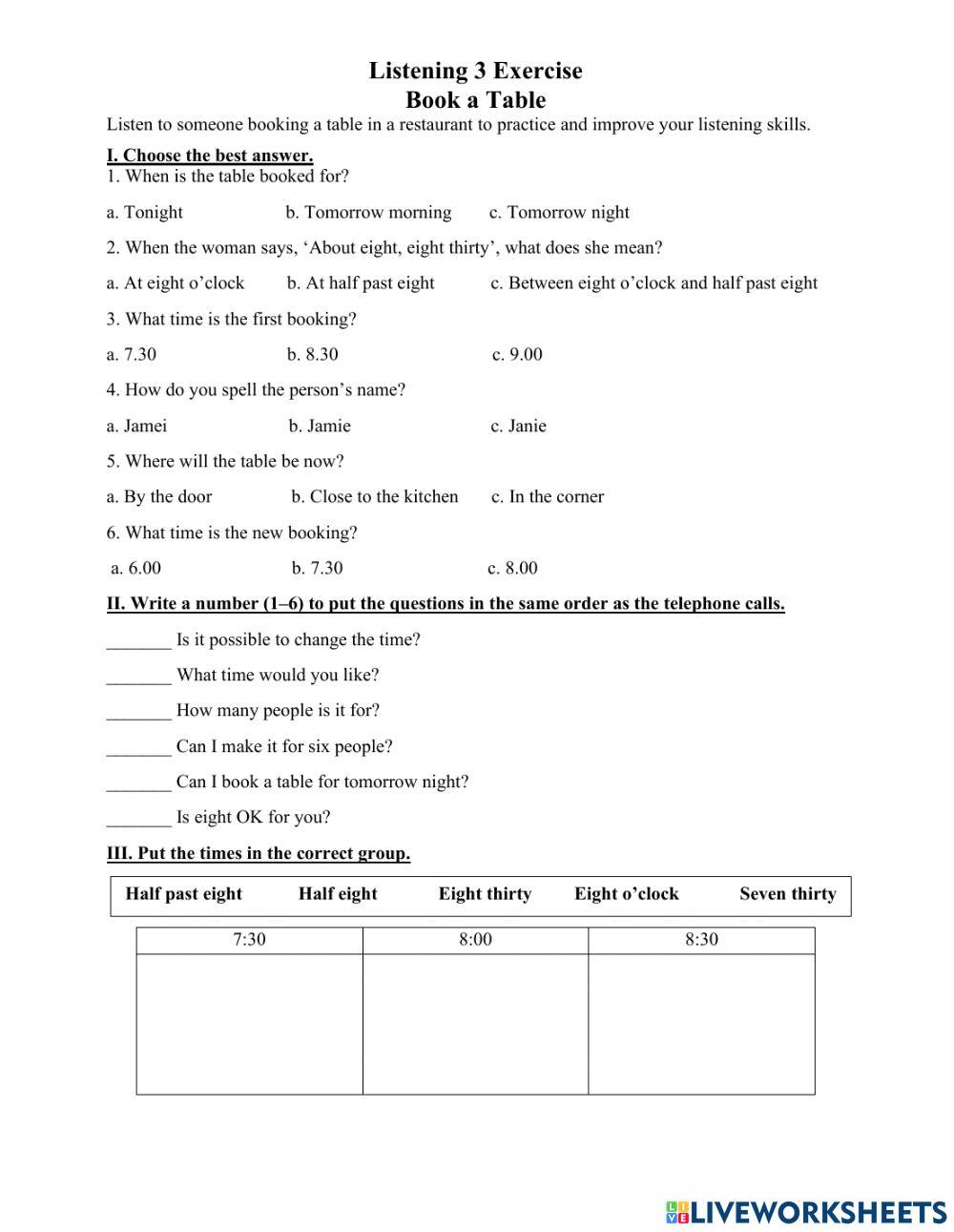 5310995 | Listening Exercise 3 Book a Table | Sarah Al