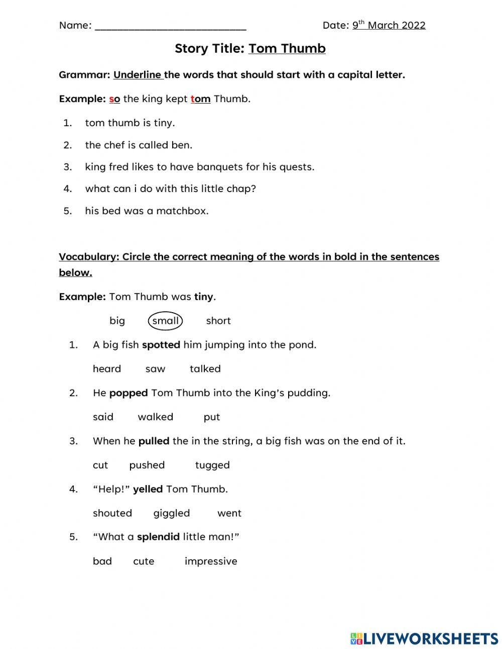 Tom Thumb2 worksheet | Live Worksheets