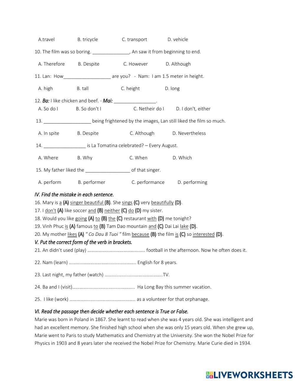 English 2 Middle Term II Test worksheet | Live Worksheets