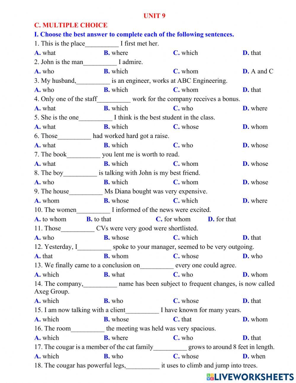 2775828 | E9.Unit9. Multiple choice | Phạm Thị Luyến