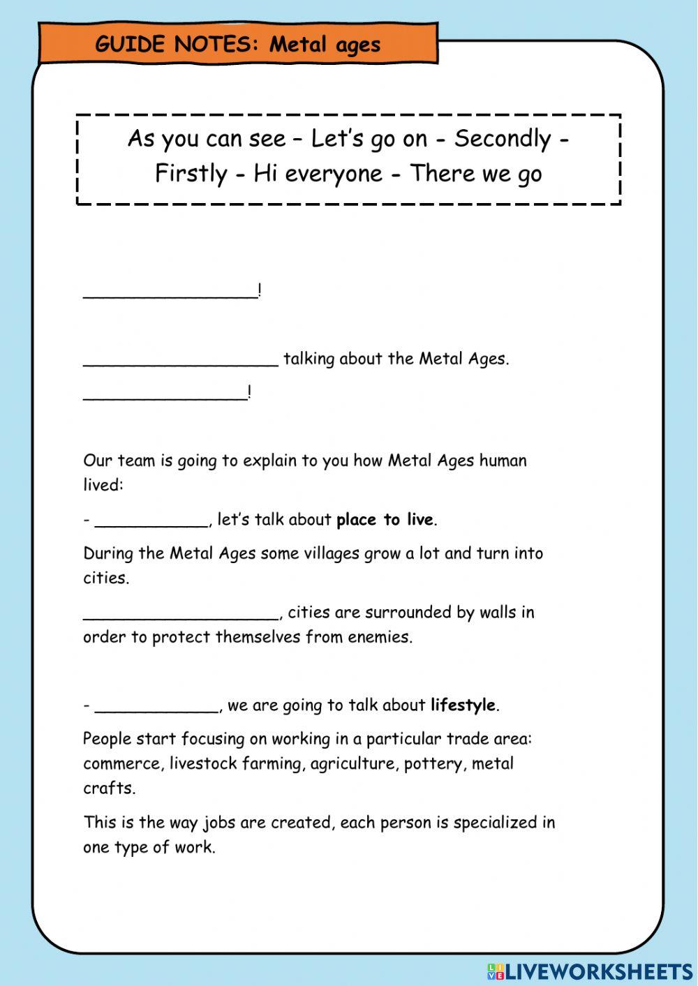 Guide notes: Metal Ages worksheet | Live Worksheets