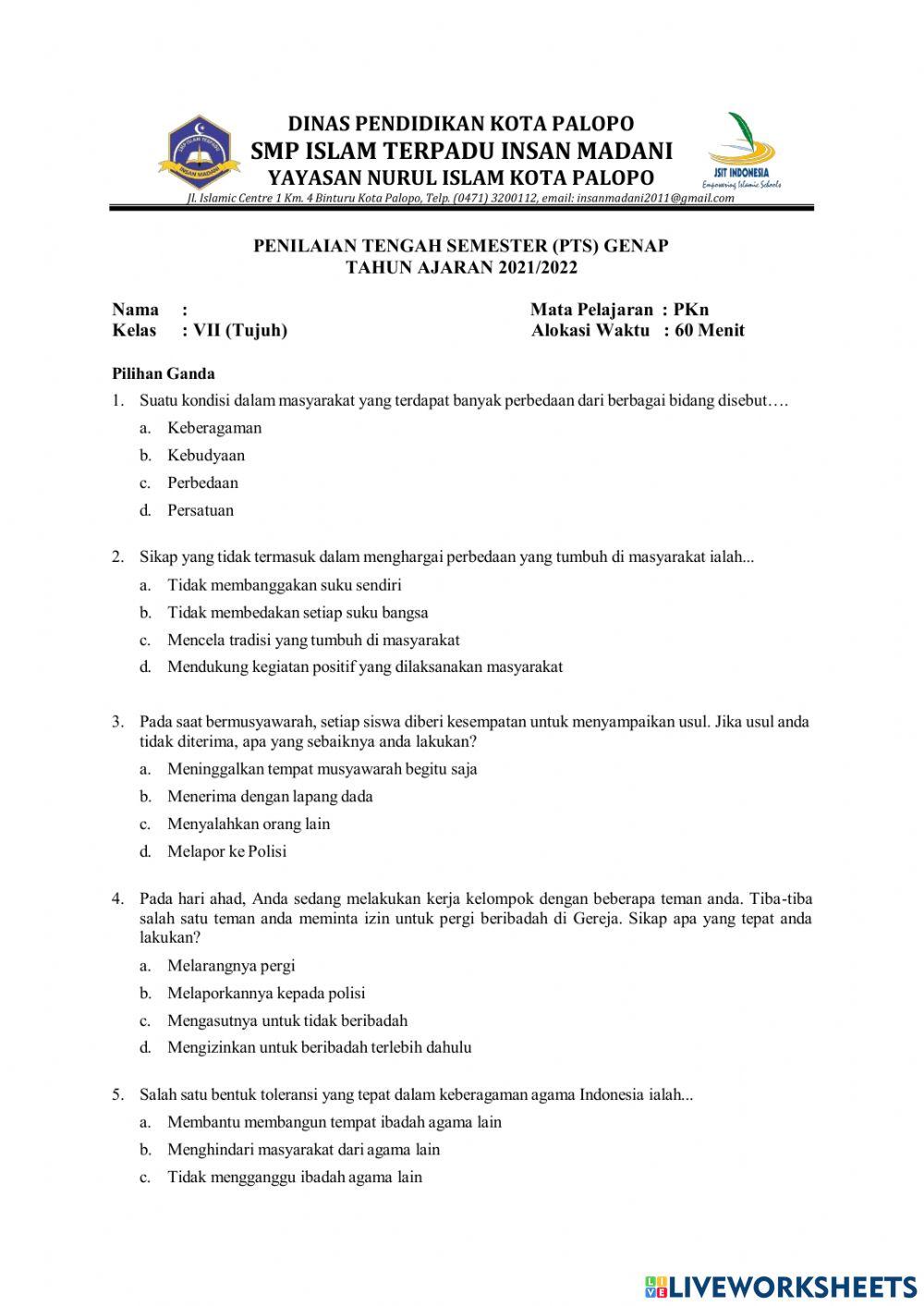 MID PPKn 7 Genap 2022 worksheet | Live Worksheets