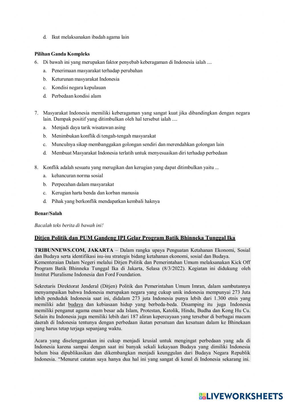 MID PPKn 7 Genap 2022 worksheet | Live Worksheets