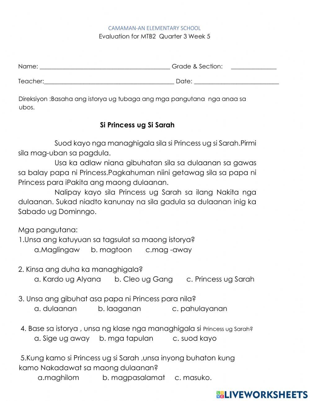 Q3 week5 mtb evaluation worksheet | Live Worksheets