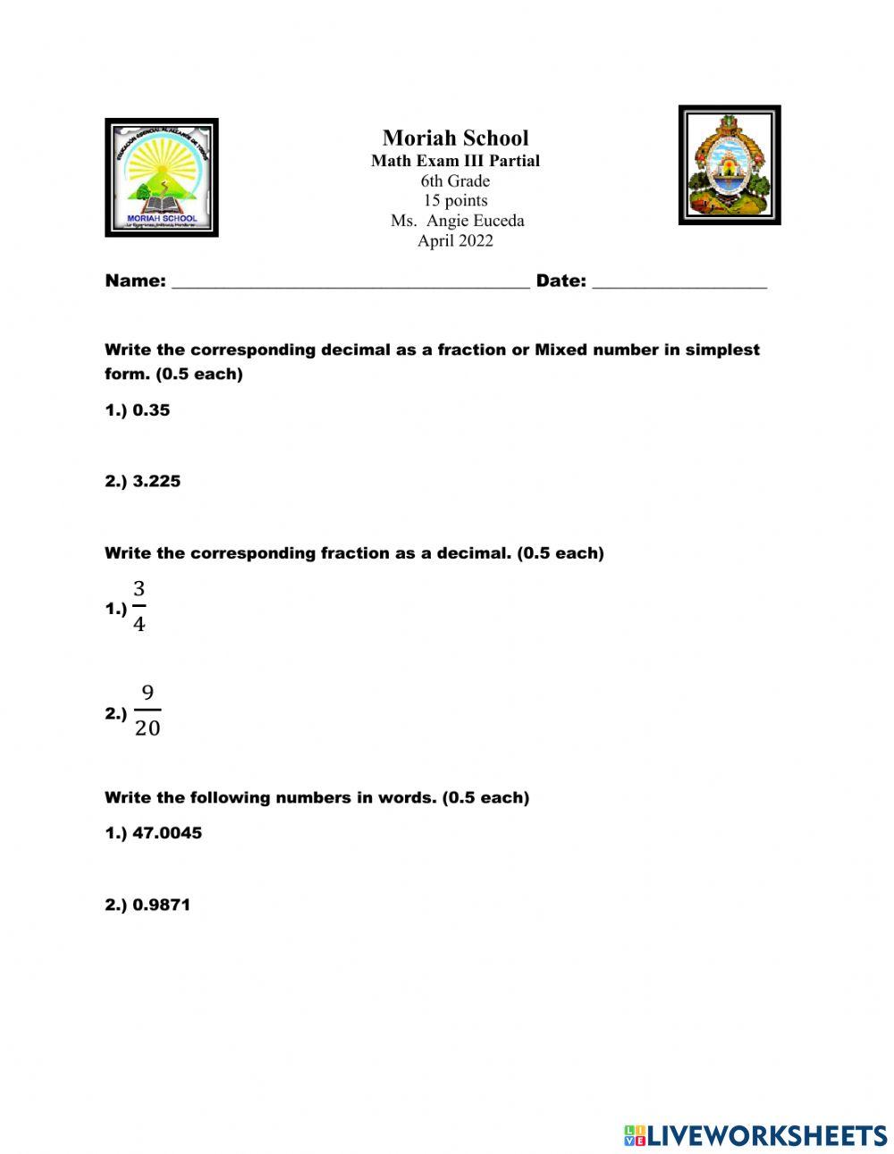 Math Exam 6th Grade 1976387 | AEuceda | Live Worksheets