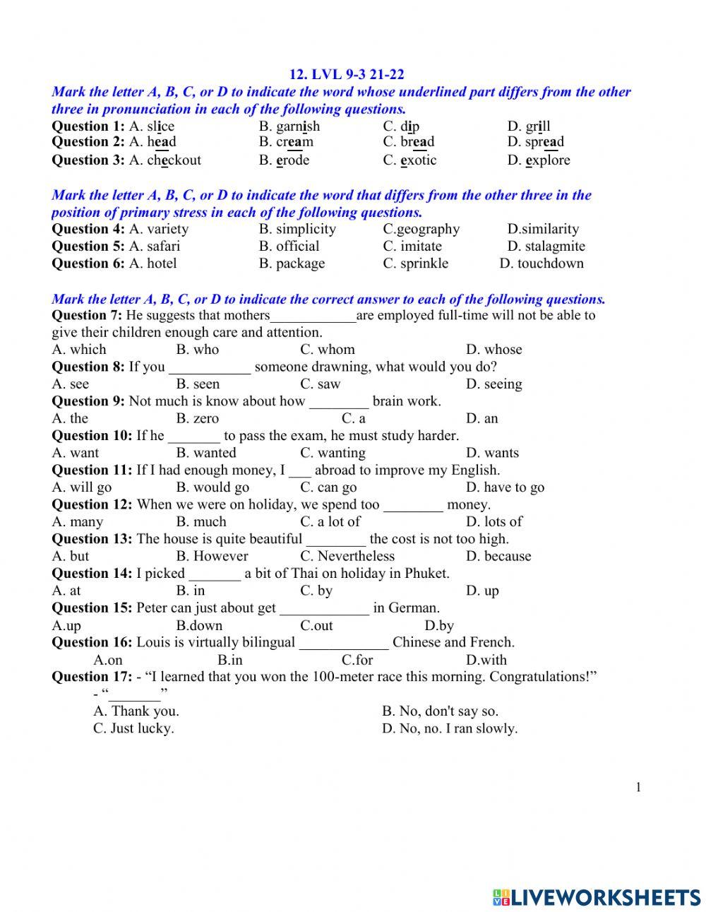 12. lvl 9-3 21-22 worksheet | Live Worksheets