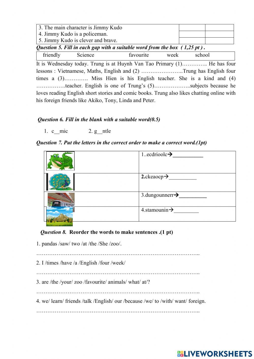 REVISION FOR THE FIRST TERM TEST - ENGLISH 5 online exercise for | Live ...